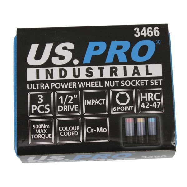 US PRO 3pc 1/2″ DR Ultra Power Wheel Nut Socket Set 3466 | DSD TOOLS
