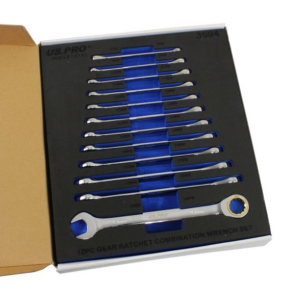 US PRO 12pc Gear Ratchet Combination Wrench Set Metric 8-19mm 3594 ...