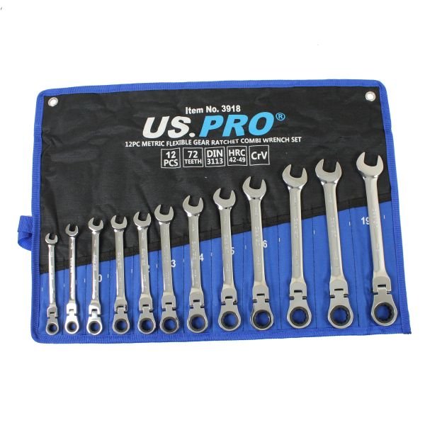 US PRO 12pc Metric Flexible Gear Ratchet Combi Wrench Set 3918 | DSD TOOLS